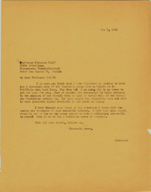 Letter from Barbara Duncan to Dr Wolf (May 1930) – Sibley Music Library