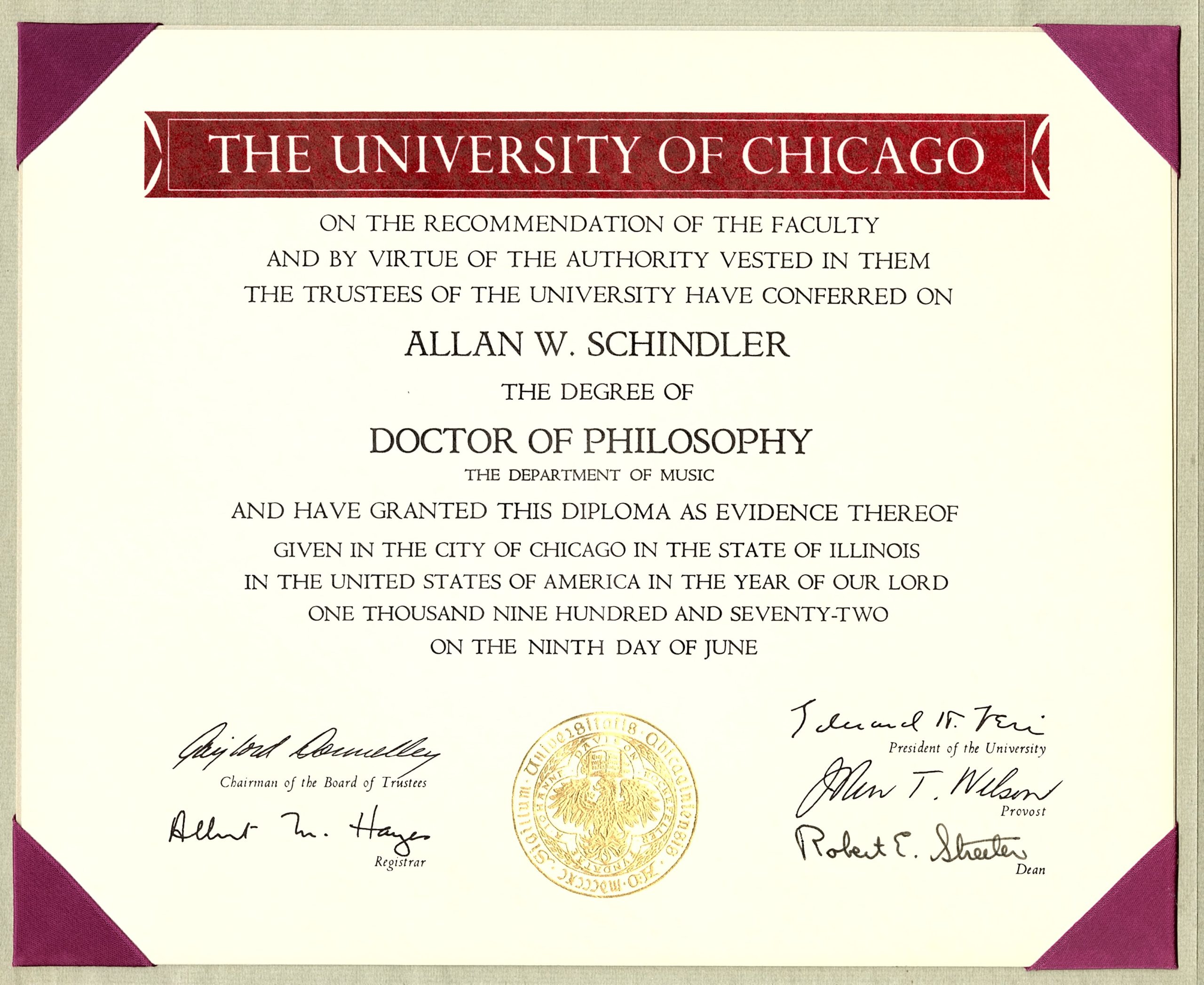 PhD diploma, University of Chicago (June 1972) – Sibley Music Library