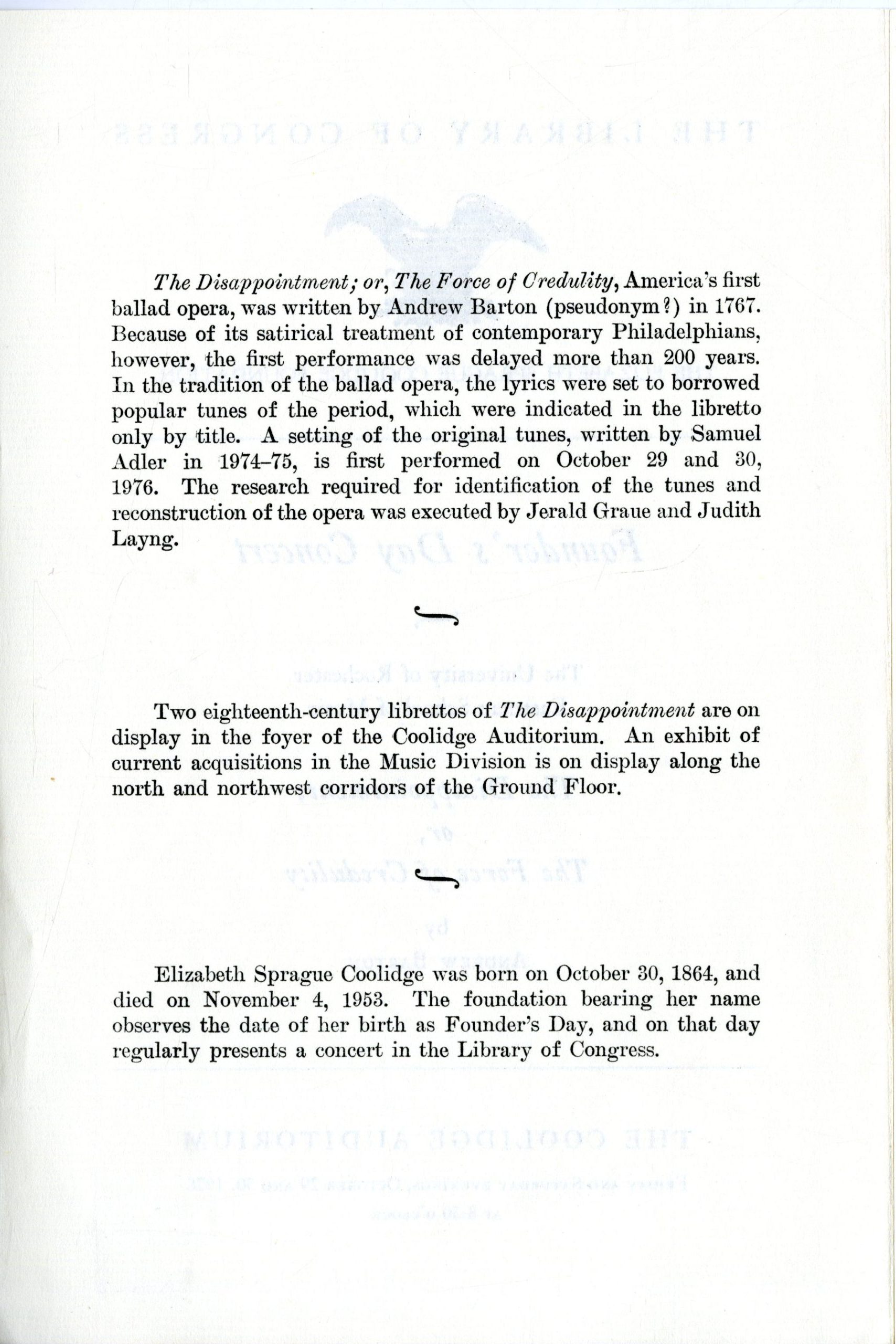 Oct 24th-30th: Reconstruction of ballad opera The Disappointment (1767 ...